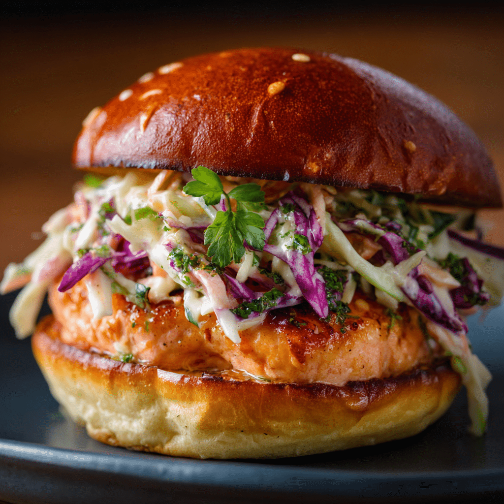 Salmon Burger with Miso Slaw